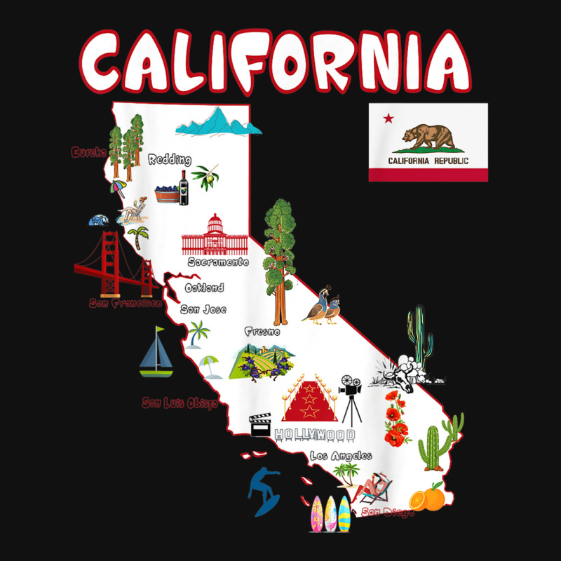 Map Of California Landmarks Major Cities Flag Portrait Canvas Print By ...