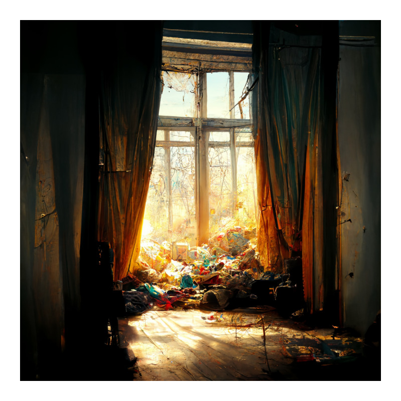 A Room Full Of Junk And Discarded Notes. Sunlight Falling Through An O ...
