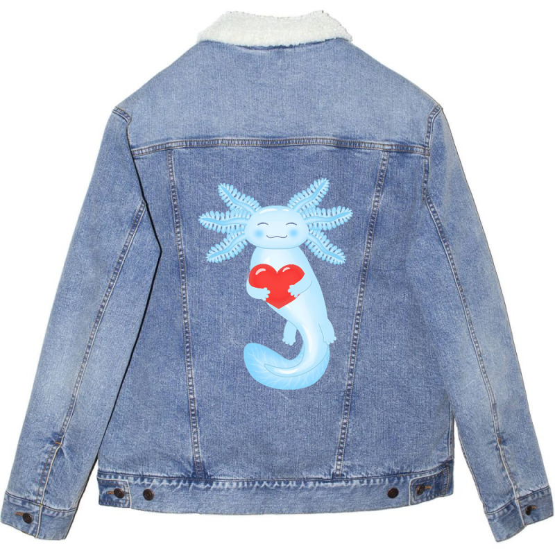 Exotic Cute Blue Axolotl Holding A Red Heart Unisex Sherpa-lined Denim ...