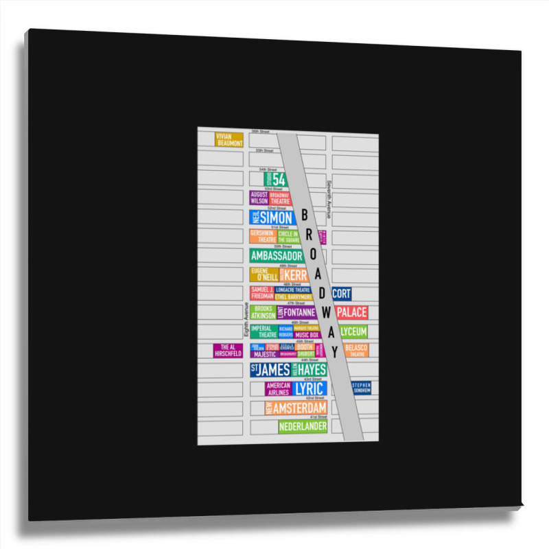 Broadway Theaters Map New York City (straight) Metal Print Square By ...